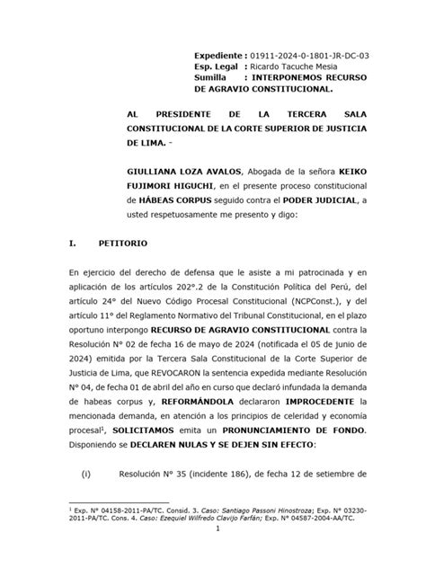 Recurso De Agravio Constitucional Kfh 2024 Pdf Habeas Corpus
