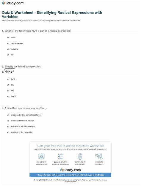 Simplifying Radicals With Variables Worksheet Luxury Quiz And Worksheet