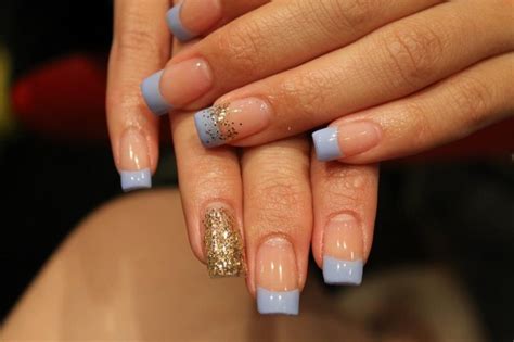 Solar Gel Nails With Tiffany Blue Tips And Gold Glitter Gel Nails