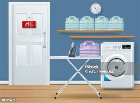세탁실 블루 배경에 현실적인 벡터 그림 표지 템플릿 배너 디자인 가구에 대한 스톡 벡터 아트 및 기타 이미지 가구 가사 집안일 가정 생활 Istock