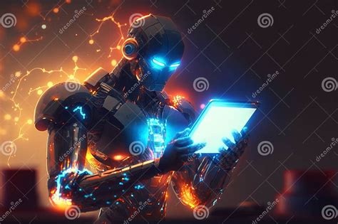 Ai Robot Working Using Tablet Futuristic Humanoid Worker Generative