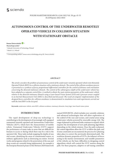 Pdf Autonomous Control Of The Underwater Remotely Operated Vehicle In