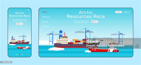 북극 자원 경주 적응 착륙 페이지 플랫 컬러 벡터 템플릿 극성 조선소 모바일 및 Pc 홈페이지 레이아웃 화물 운송 한 페이지 웹 사이트 Ui 바다 항만 웹 페이지 크로스