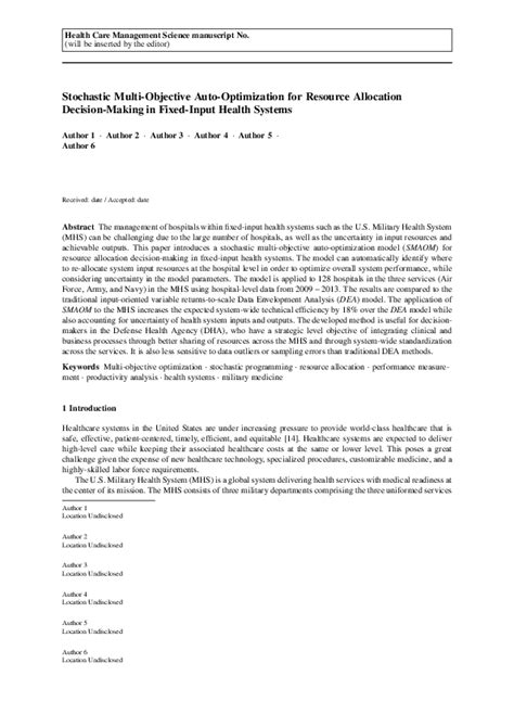 Pdf Stochastic Multi Objective Auto Optimization For Resource Allocation Decision Making In