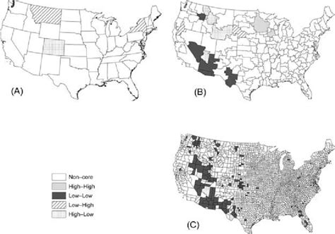 spatial model residual lisa clusters for a states b eas c