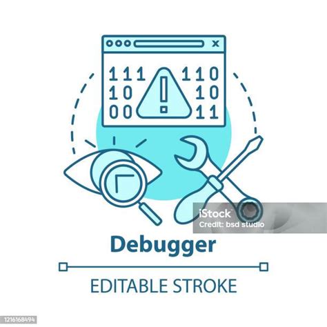 디버거 개념 아이콘입니다 디버깅 도구 소프트웨어 테스트 및 설정 컴퓨터 프로그램 개발 코드 오류 확인 아이디어 씬 라인