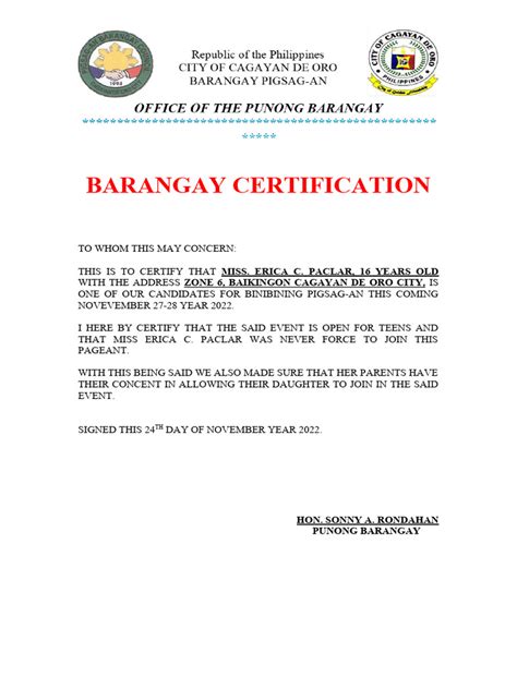 Barangay Certification Pdf
