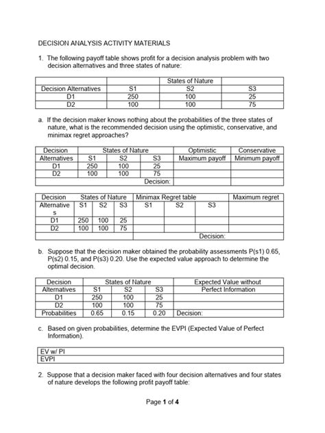Decision Analysis Activity Materials Pdf Mathematical Economics Teaching Methods And Materials