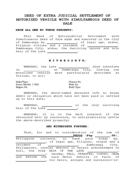 Extrajudicial Settlement And Sale Of Vehicle Pdf Deed Civil Law