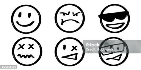 낙서 이모티콘을 설정합니다 다양한 감정 미소 슬픈 슬픔 재미있는 얼굴을 가진 이모티콘 캐릭터 흰색 배경에 격리되어 있습니다 벡터 그림 감정에 대한 스톡 벡터 아트 및 기타