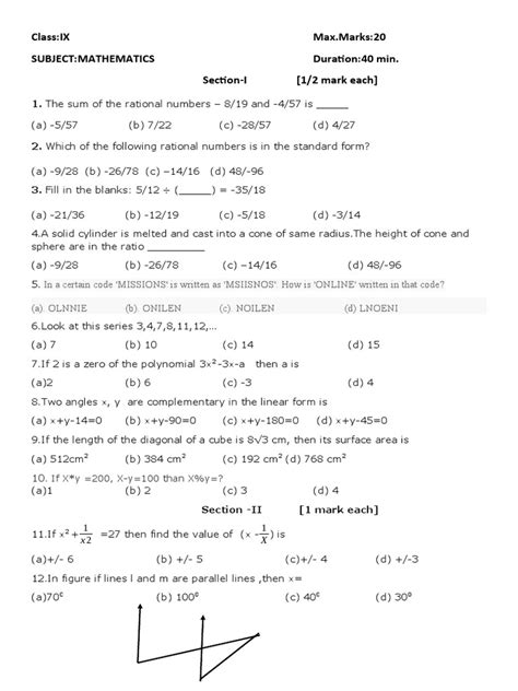 Class 9 Math Aptitude Test Pdf Sphere Euclidean Geometry