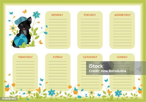 화려한 여름 디자인의 귀여운 작은 검은 고양이와 함께 학교 주간 및 일일 플래너 0명에 대한 스톡 벡터 아트 및 기타 이미지