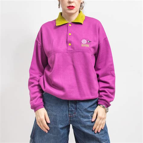 Vintage 90s Collared Sweatshirt Polo Oversized Women Size L Etsy