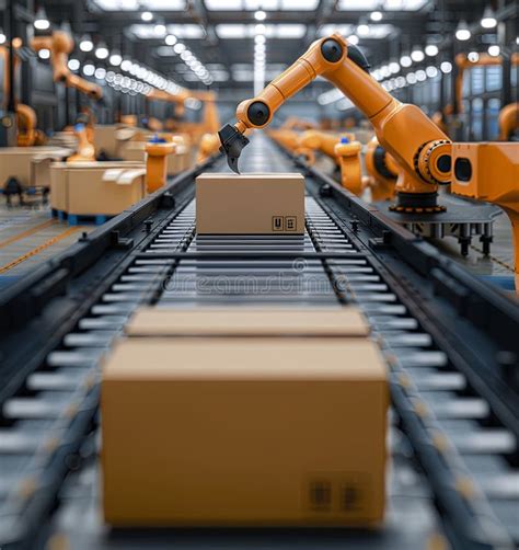 Artificial Intelligence Robotic Arm Working With Cartboard Boxes On