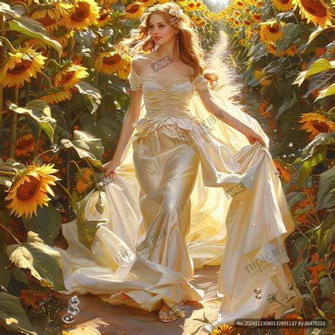 Ai创作图向日葵花丛中的少女 Cg绘画作品 写实唯美插画 写实人物插画 西方美女手绘 高清cg油画 唯美人物油画 欧美画芯 Cg绘画 Cg插画 Cg艺术 欧美人物绘画 追光夏日葵 美女长裙花朵