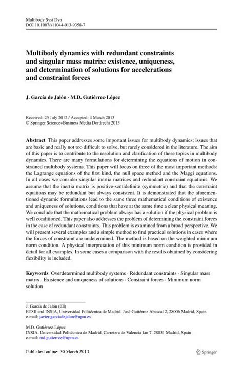 Pdf Multibody Dynamics With Redundant Constraints And Singular Mass Matrix Existence