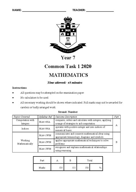 2020 y7 common task 1 task 1 questions name teacher year 7 common
