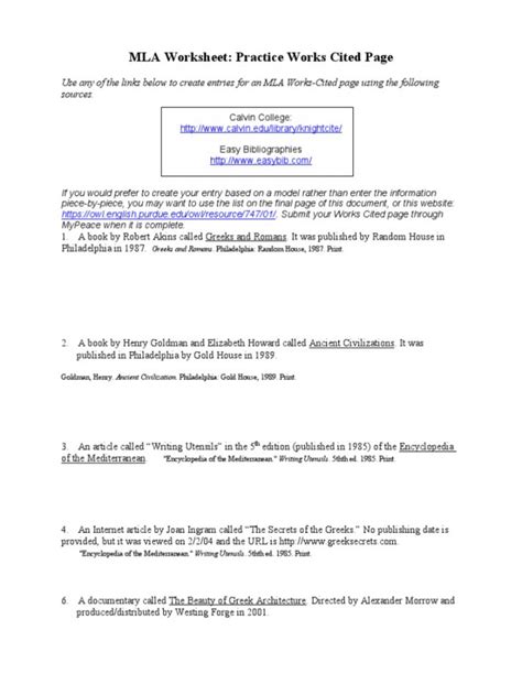 Mla Citation Practice Worksheet With Answers Printable PDF Template