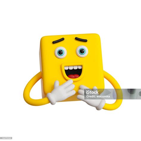 흰색 배경에 격리 된 3d 렌더링 추상적 인 감정적 인 얼굴 아이콘 노란색 이모티콘 클립 아트 깜짝 놀랄만한 캐릭터 일러스트레이션 재미있는 출구 만화 괴물 사각형 이모티콘