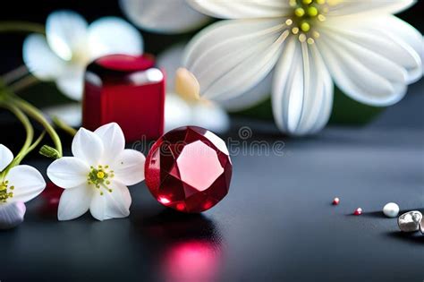 Red Ruby Shining And White Jasmine On Black Table Stock Illustration Illustration Of White