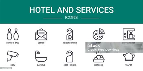 10 개요 웹 호텔 및 서비스 아이콘 세트 볼링 공 편지 방해 금지 피자 커피 메이커 Cctv 욕조와 같은 벡터 아이콘 보고서 프리젠 테이션 다이어그램 웹 디자인 모바일