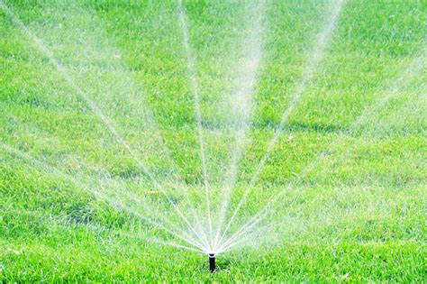 봄이나 여름에 워터 제트가있는 밝은 녹색 잔디밭에 워터 제트를 뿌리는 자동 잔디 스프링클러는 야외 사진을 닫습니다 급수 및 관개 장비 시스템 관리 및 유지 보수 농업용