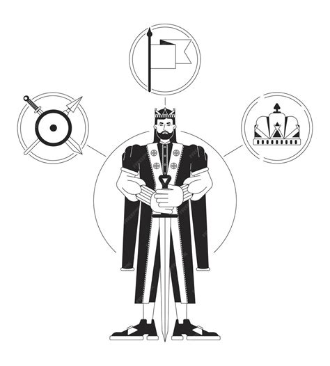 통치자 원형 Bw 개념 ⁇ 터 스 ⁇ 일러스트레이션 검을 가진 권한을 가진 왕 2d 만화 평평한 라인 웹 Ui 디자인을위한 단색 캐릭터 심리학 편집 가능한 고립 된 윤