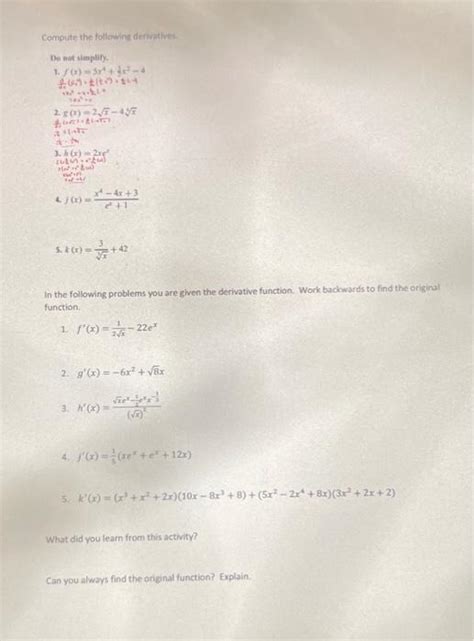 solved compute the follownd iferimatives de nat sinplify 1