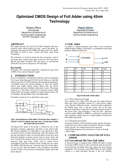 Pdf Optimized Cmos Design Of Full Adder Using 45nm Technology