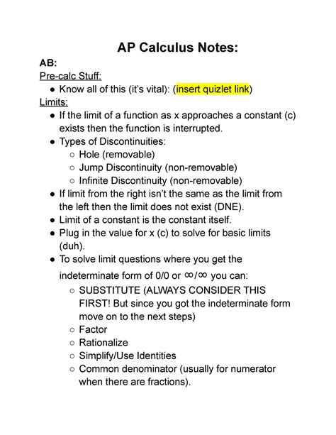 AP Calc Notes Whole Course Summarized In Steps On How To Do Everything AP Calculus Notes AB