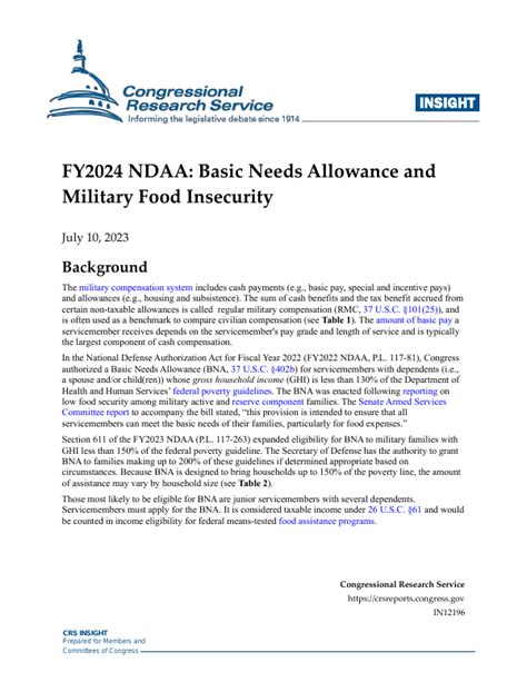 Fy2024 Ndaa Basic Needs Allowance And Military Food Insecurity