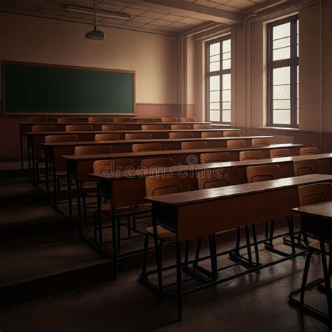A Dimly Lit Classroom Features Rows Of Wooden Desks And Chairs Arranged Neatly On Platforms