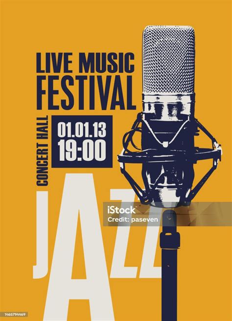 재즈 페스티벌 포스터 또는 마이크가있는 라이브 음악 콘서트 마이크에 대한 스톡 벡터 아트 및 기타 이미지 마이크 콘서트
