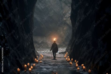 광활하게 둘러싸인 좁은 길을 촛불을 들고 걷는 남자의 뒷모습 실루엣 인공지능 생성 素材庫插圖 Adobe Stock
