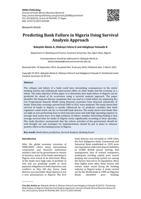PDF Bank Failure Prediction In Nigeria Using Survival Analysis Approach
