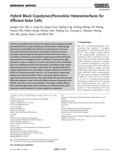 Hybrid Block Copolymerperovskite Heterointerfaces For Efficient Solar Cells Request Pdf