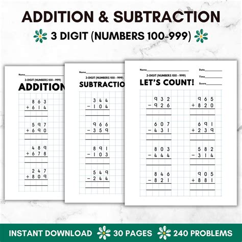 3rd Grade Math Workbook Addition Subtraction Worksheet Printable Grade
