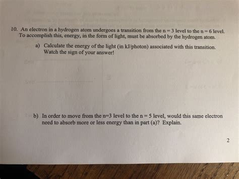 Solved 10 An Electron In A Hydrogen Atom Undergoes A
