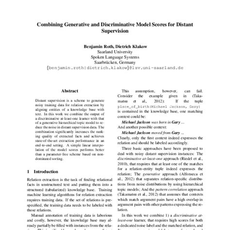 Combining Generative And Discriminative Model Scores For Distant Supervision Acl Anthology