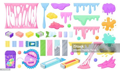 풍선껌이 튀어 나옵니다 만화 젤리 튀김과 반점 껌 포장 씹는 당의정과 풍선껌 줄무늬 평면 벡터 일러스트 세트 달콤한 껌 수집 풍선껌에 대한 스톡 벡터 아트 및 기타 이미지