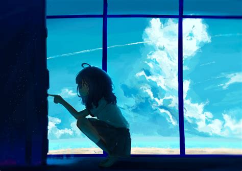 Safebooru 1girl Ahoge Blue Eyes Blue Hair Closed Mouth Clouds Day