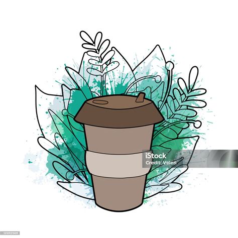 녹색 잎제로 폐기물 제로 단풍과 녹색 수채화 스플래시 와 스프레이 대나무 커피 컵의 개요 그림 벡터 요소 대나무 컵에 대한 스톡 벡터 아트 및 기타 이미지 Istock