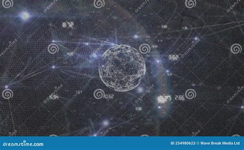 Animation Of Light Beams With Lines Connecting Dots With Globe Rotating On Digital Interface