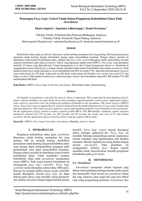 PDF Penerapan Fuzzy Logic Control Untuk Sistem Pengaturan Kelembaban Udara Pada Greenhouse