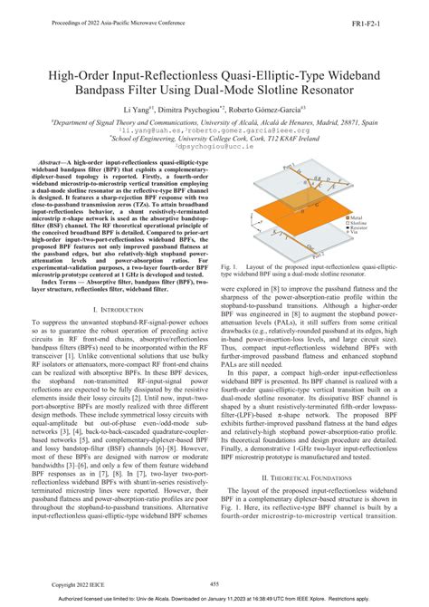 Pdf High Order Input Reflectionless Quasi Elliptic Type Wideband Bandpass Filter Using Dual