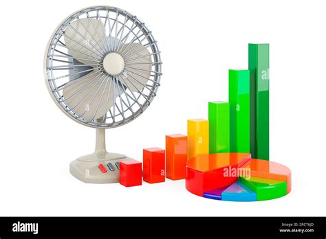 Table Fan With Growth Bar Graph And Pie Chart 3d Rendering Isolated On White Background Stock