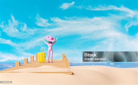 3d 캐릭터 만화 서 있는 여자 여행 가방 바다 푸른 하늘 풍경 배경으로 밝은 날에 바다로 이어지는 나무 다리 여름 여행 개념 3d 렌더링 일러스트레이션 3차원 형태에 대한