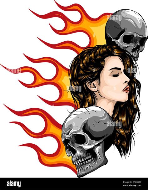 Woman With Skull On Flames Vector Illustration Stock Vector Image And Art
