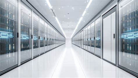Server Racks Arranged In A Long Row Within A Data Center Including Networking Towers And A