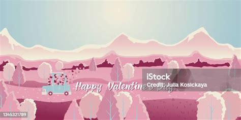 พื้นหลังแนวนอนที่มีภูมิทัศน์และรถยนต์ที่มีหัวใจบินในสไตล์การ์ตูนแบน สุขสันต์วันวาเลนไท ภาพประกอบ